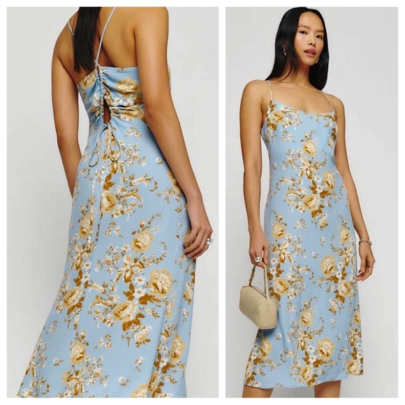 Reformation | Dresses | Reformation Dover Midi Dress Blue Cream Floral ...
